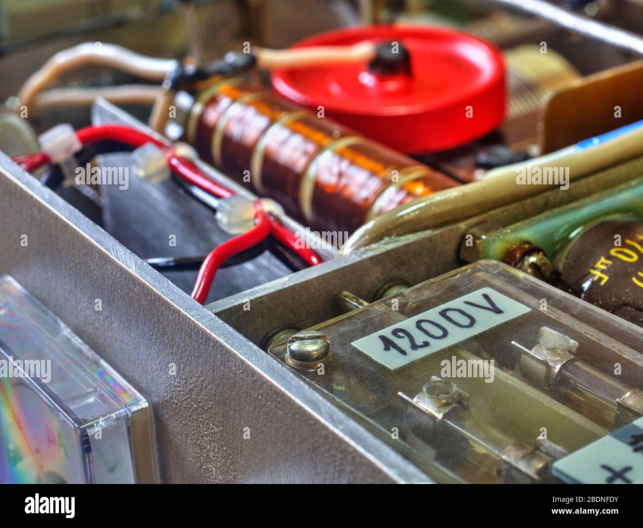 Inside view of high frequency power amplifier with capacitors, coils ...