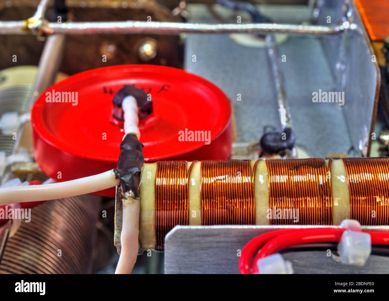 Inside view of high frequency power amplifier with capacitors, coils ...