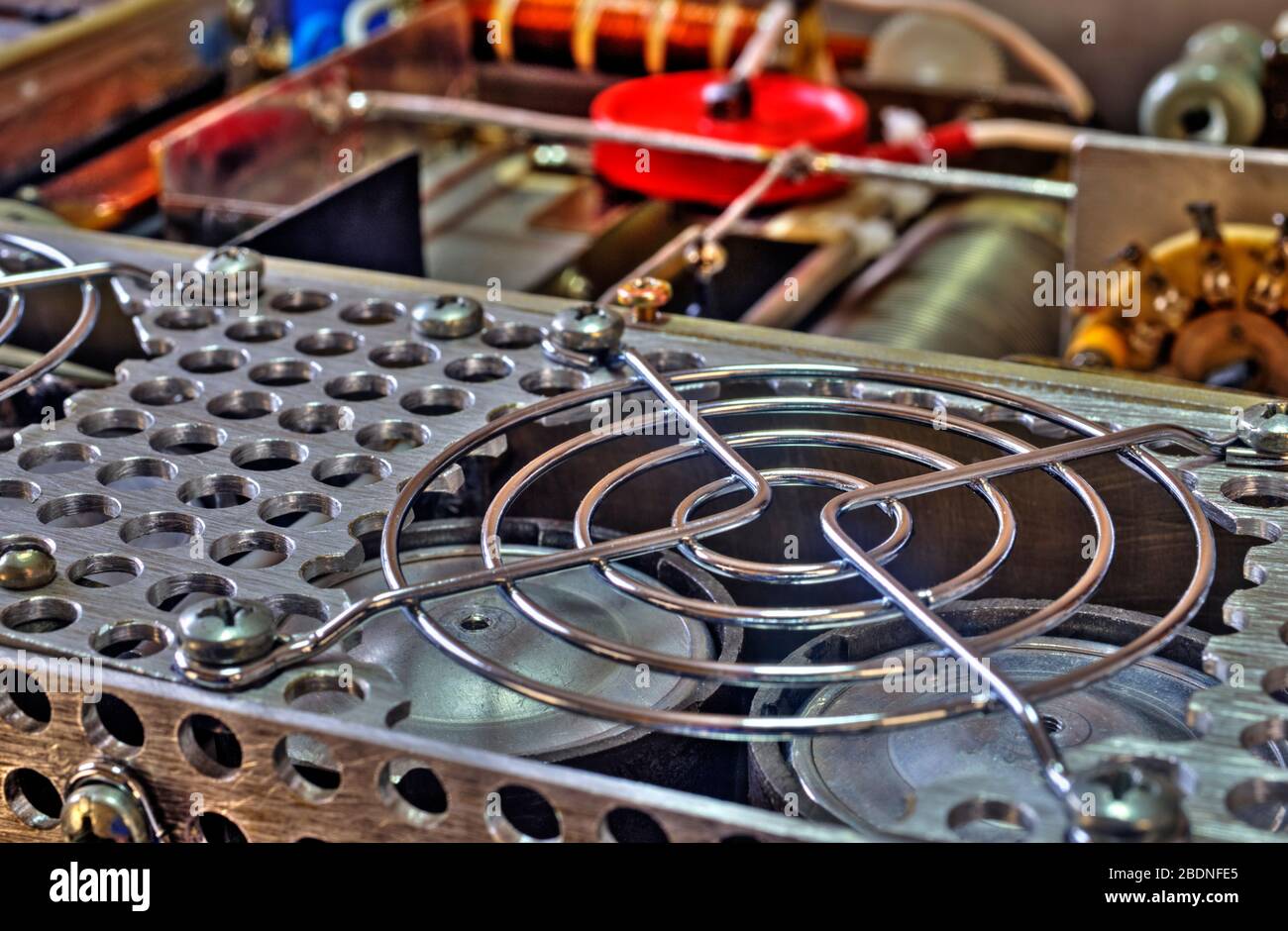 Inside view of high frequency power amplifier with capacitors, coils ...