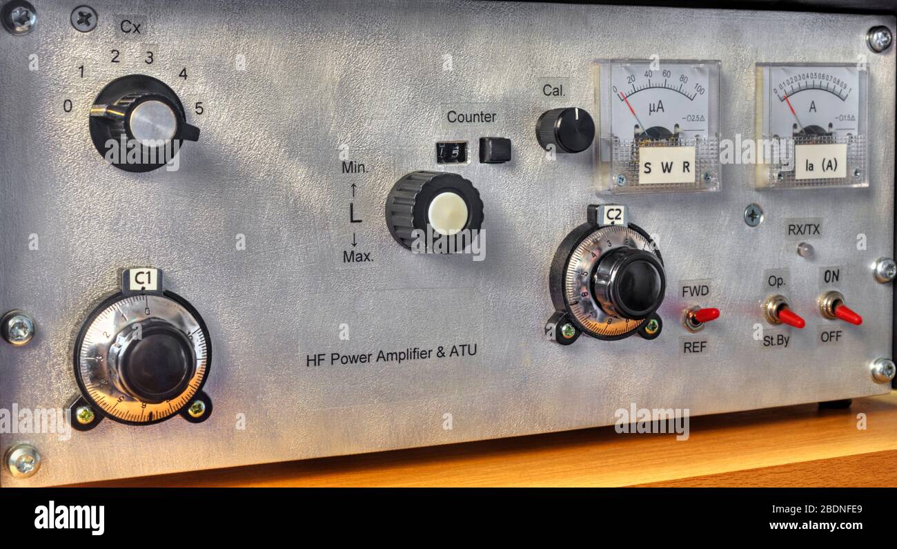 Front panel of a high frequency power amplifier with vacuum tubes close ...