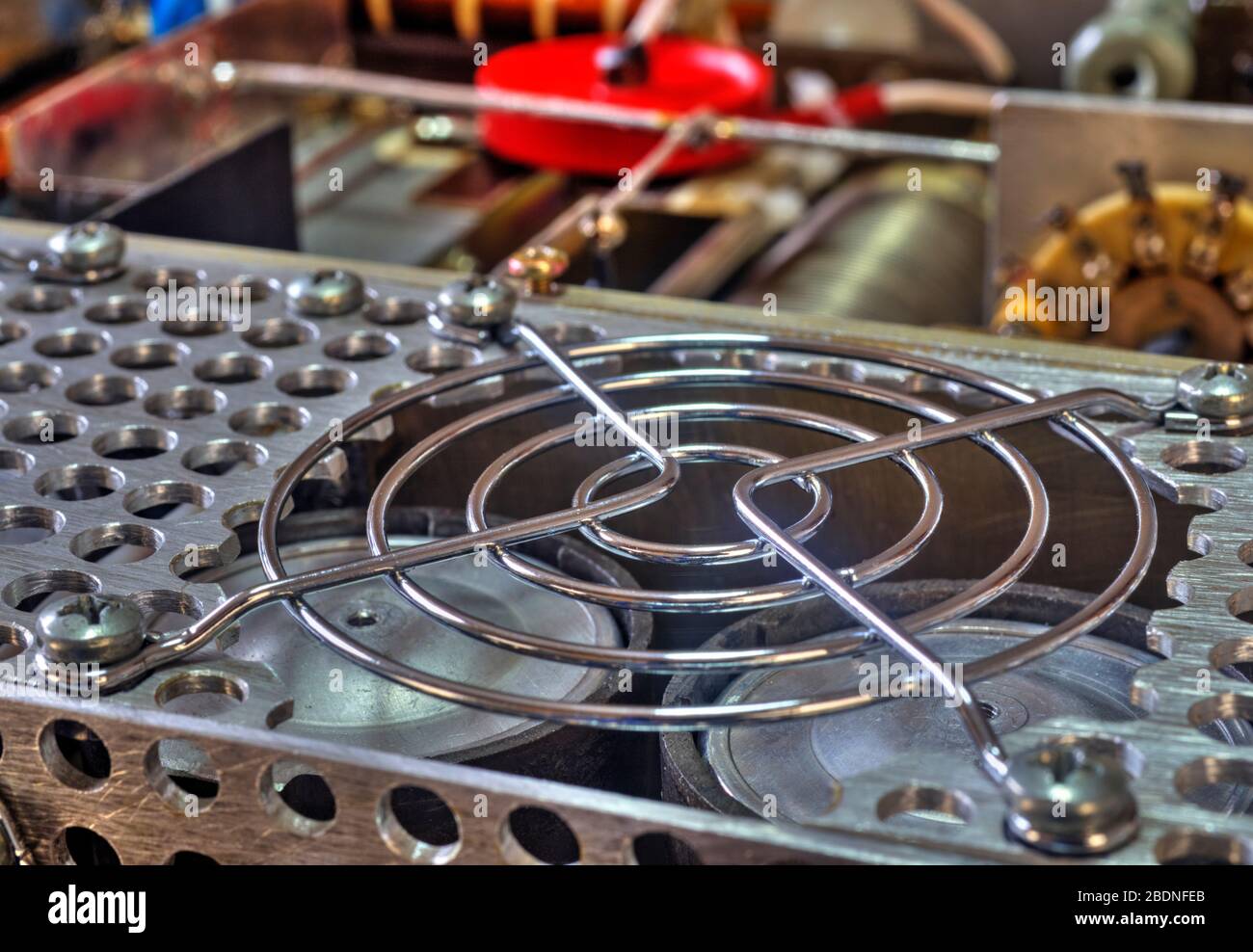 Inside view of high frequency power amplifier with capacitors, coils ...