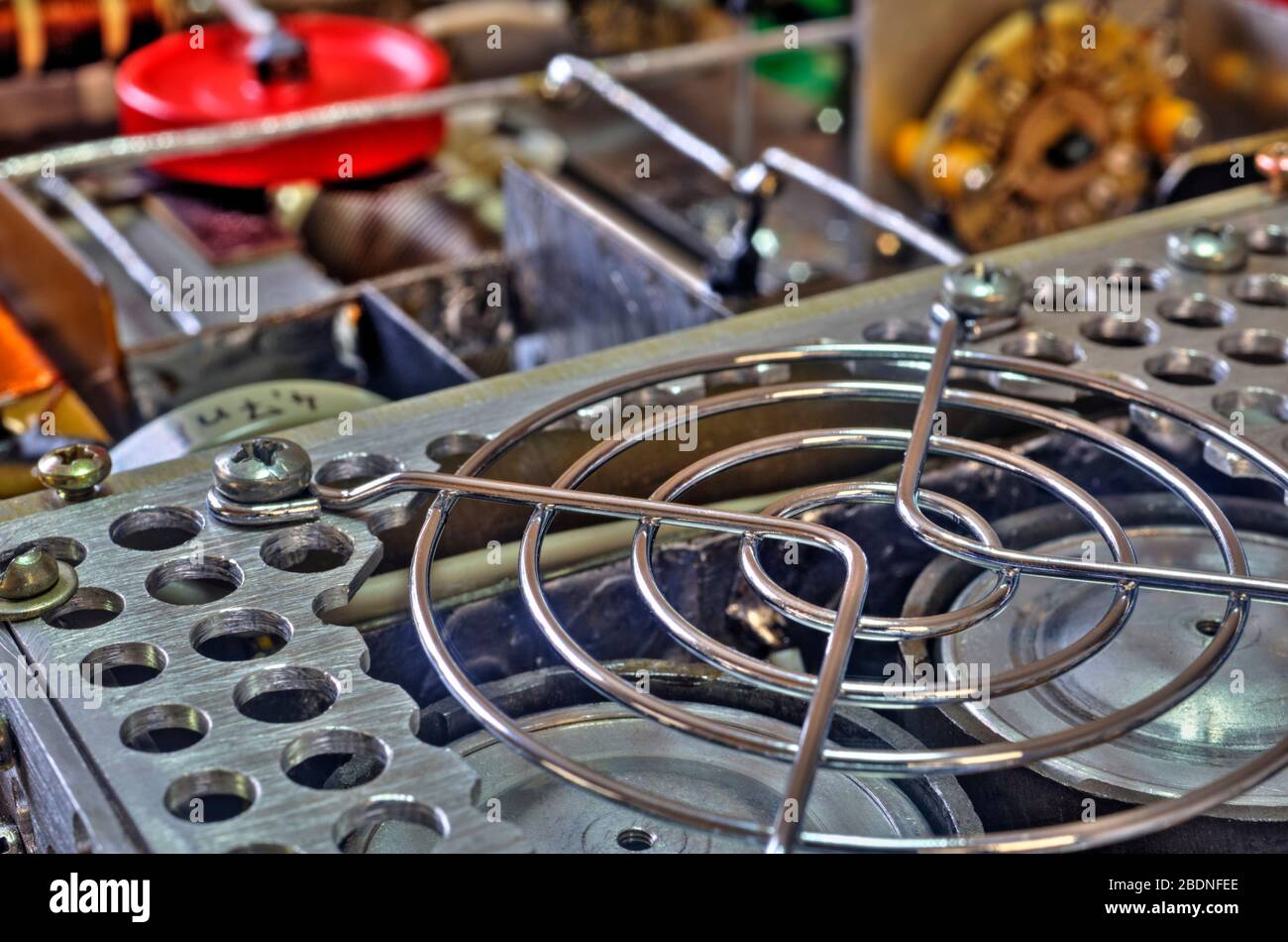 Inside view of high frequency power amplifier with capacitors, coils ...