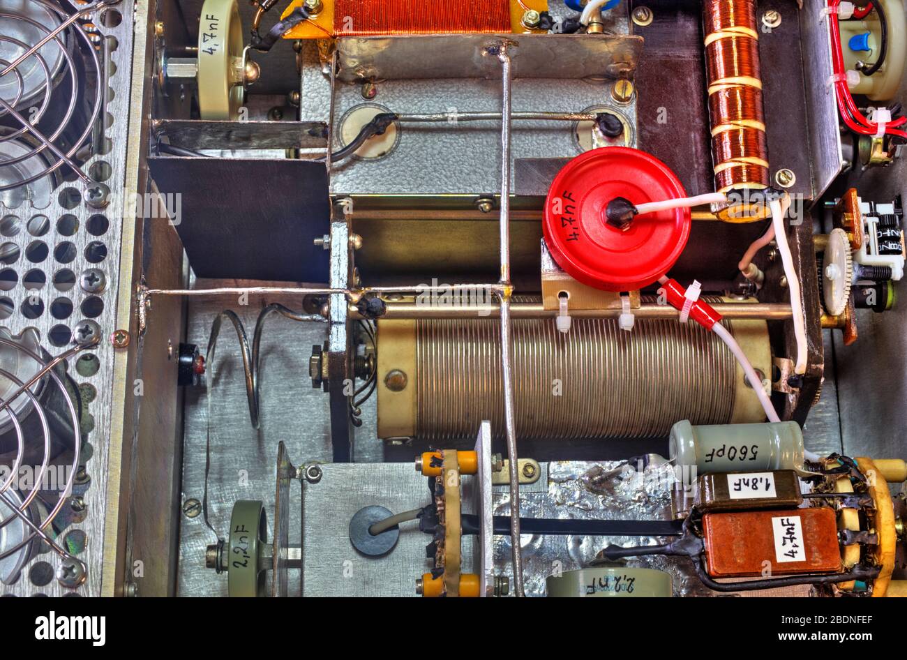 Inside view of high frequency power amplifier with capacitors, coils ...