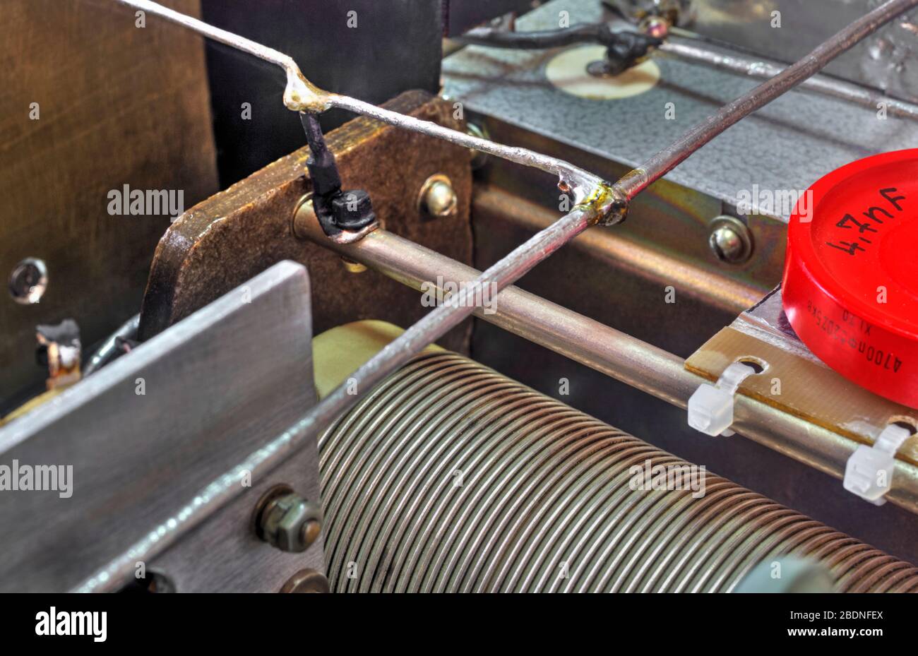 Inside view of high frequency power amplifier with capacitors, coils ...