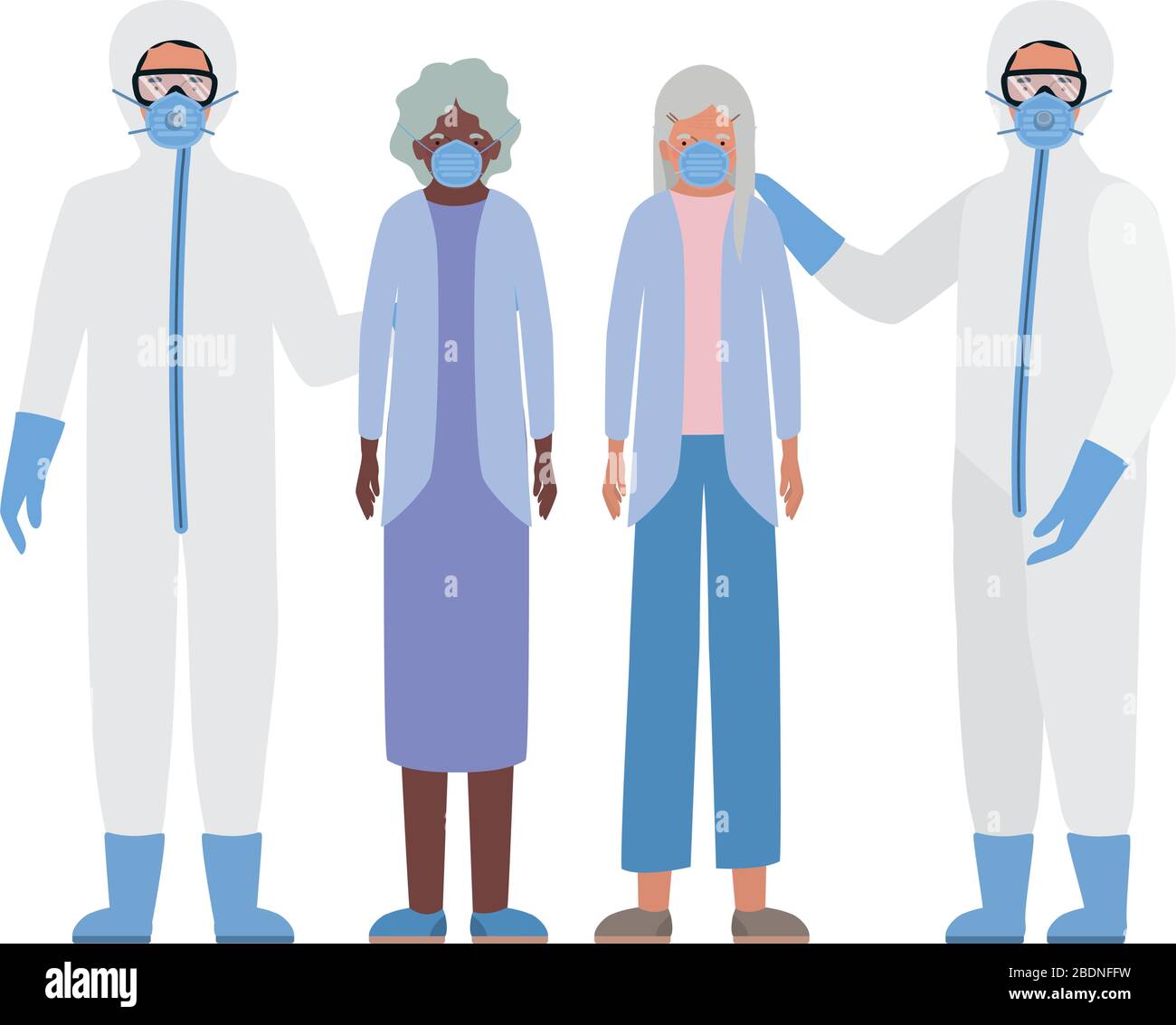 Elder women with masks and doctors with protective suits against Covid ...