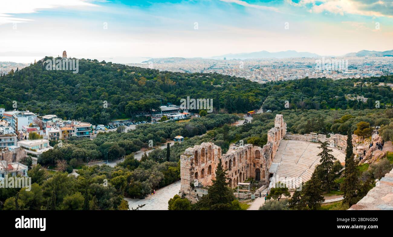 Athens, Greece - February 13, 2020. Panoramic view of the Odeon of ...