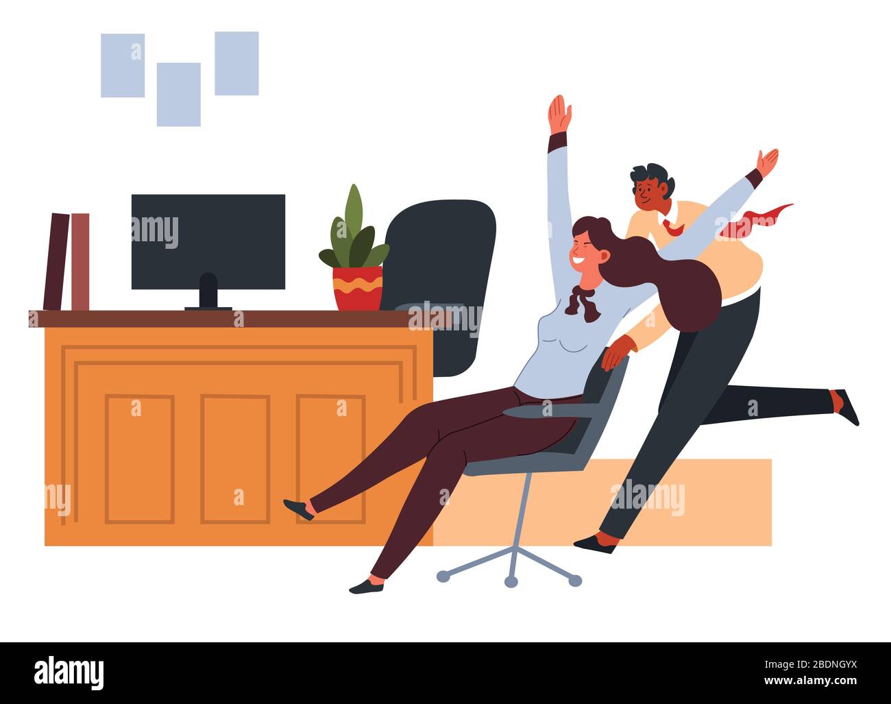 Office worker pushing chair with seated colleague at break Stock Vector ...