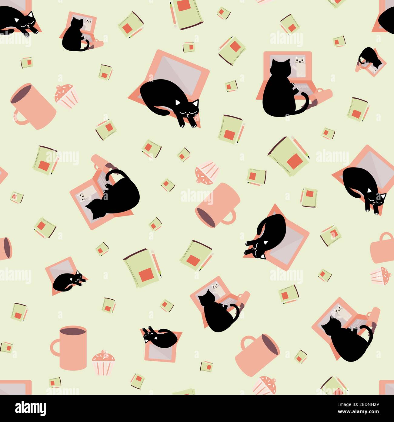 Cute cartoon laptop and cat vector seamless pattern background. Black ...