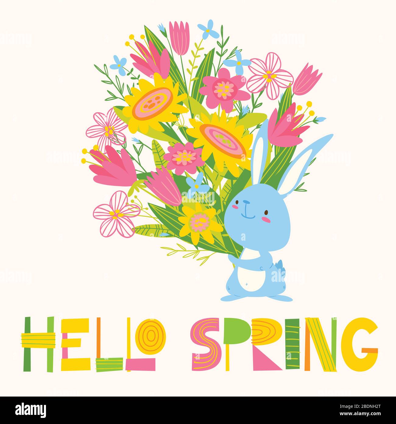 Vector card with flowers, rabbit and Hello Spring lettering Stock ...