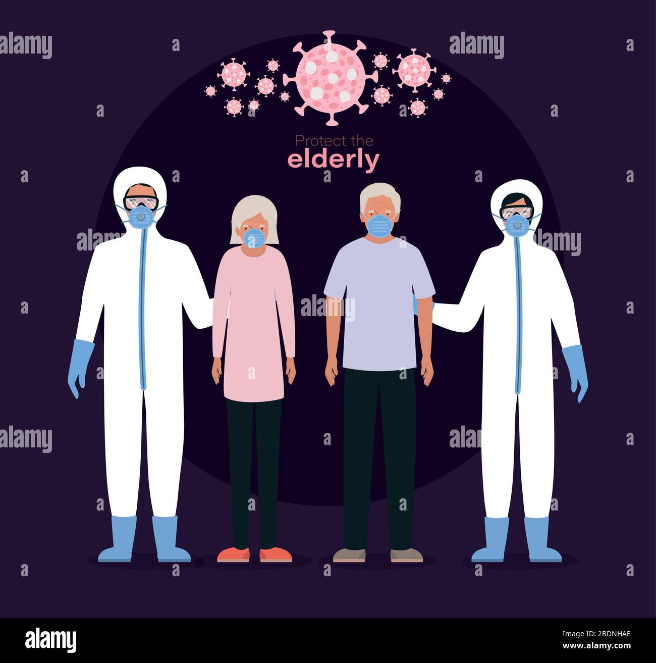 Elder woman and man with masks and doctors with protective suits ...