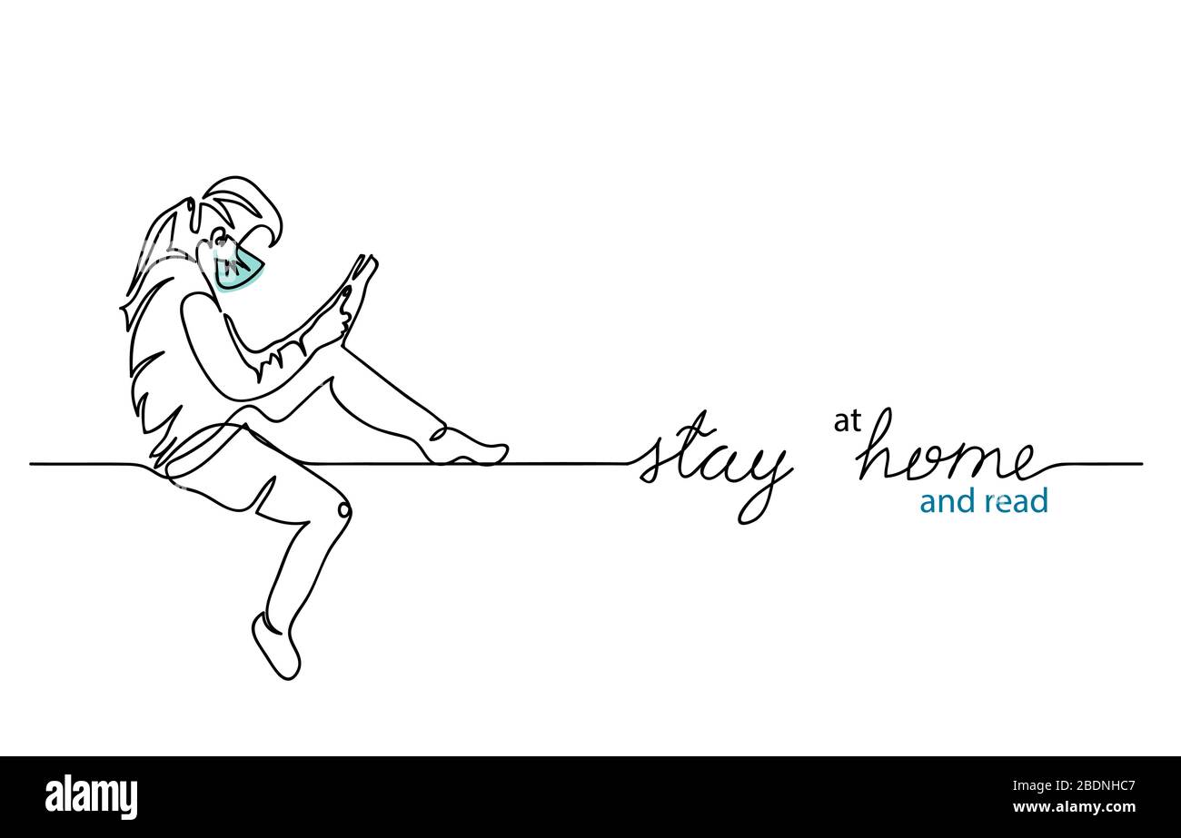 Stay at home and read. Girl wears medical face mask and reads book ...