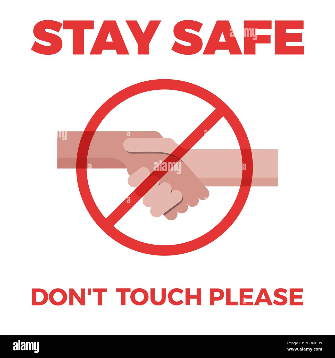 Warning label Coronavirus with hand and handshake. Don't touch please ...