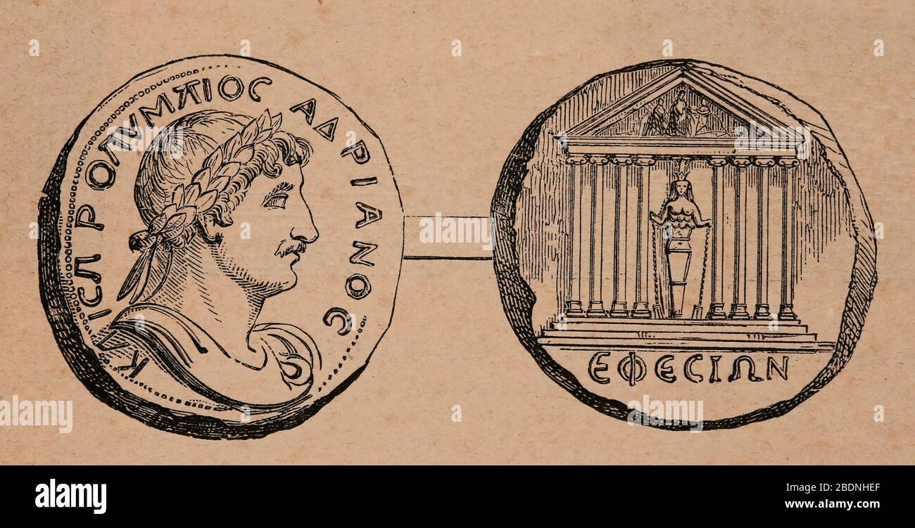 Coin of Ephesus depicting of great temple of Artemis with statue of ...