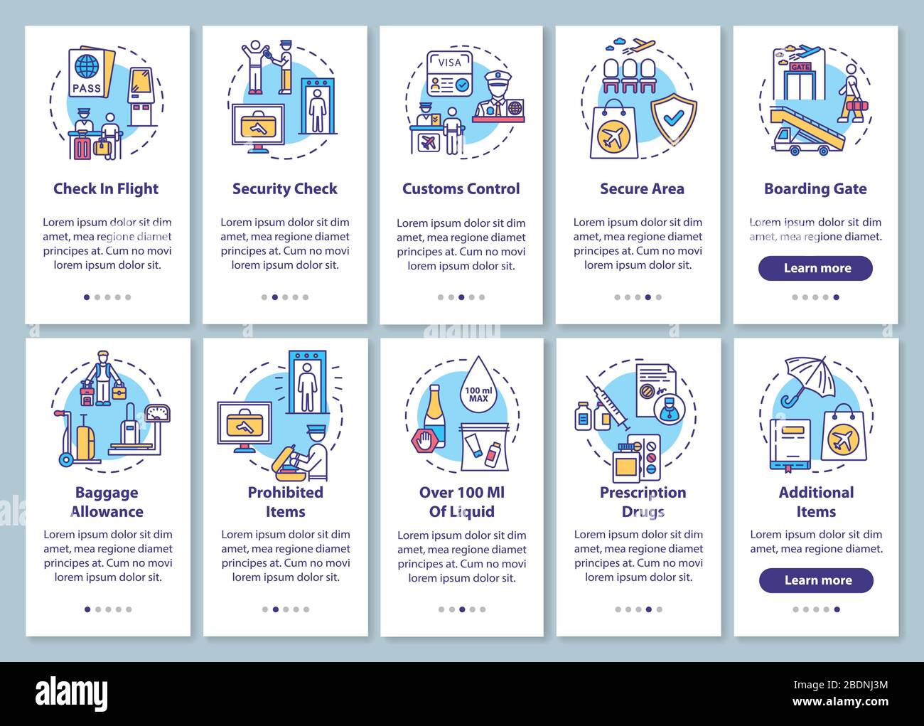 Airport terminal onboarding mobile app page screen with concepts set ...
