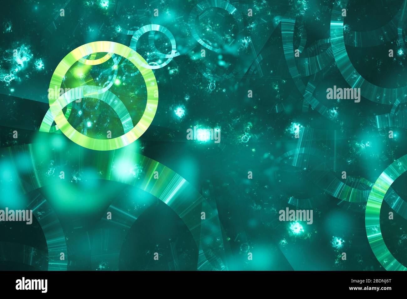 Neon glowing green lines and shapes flying in the space. Geometric sci ...