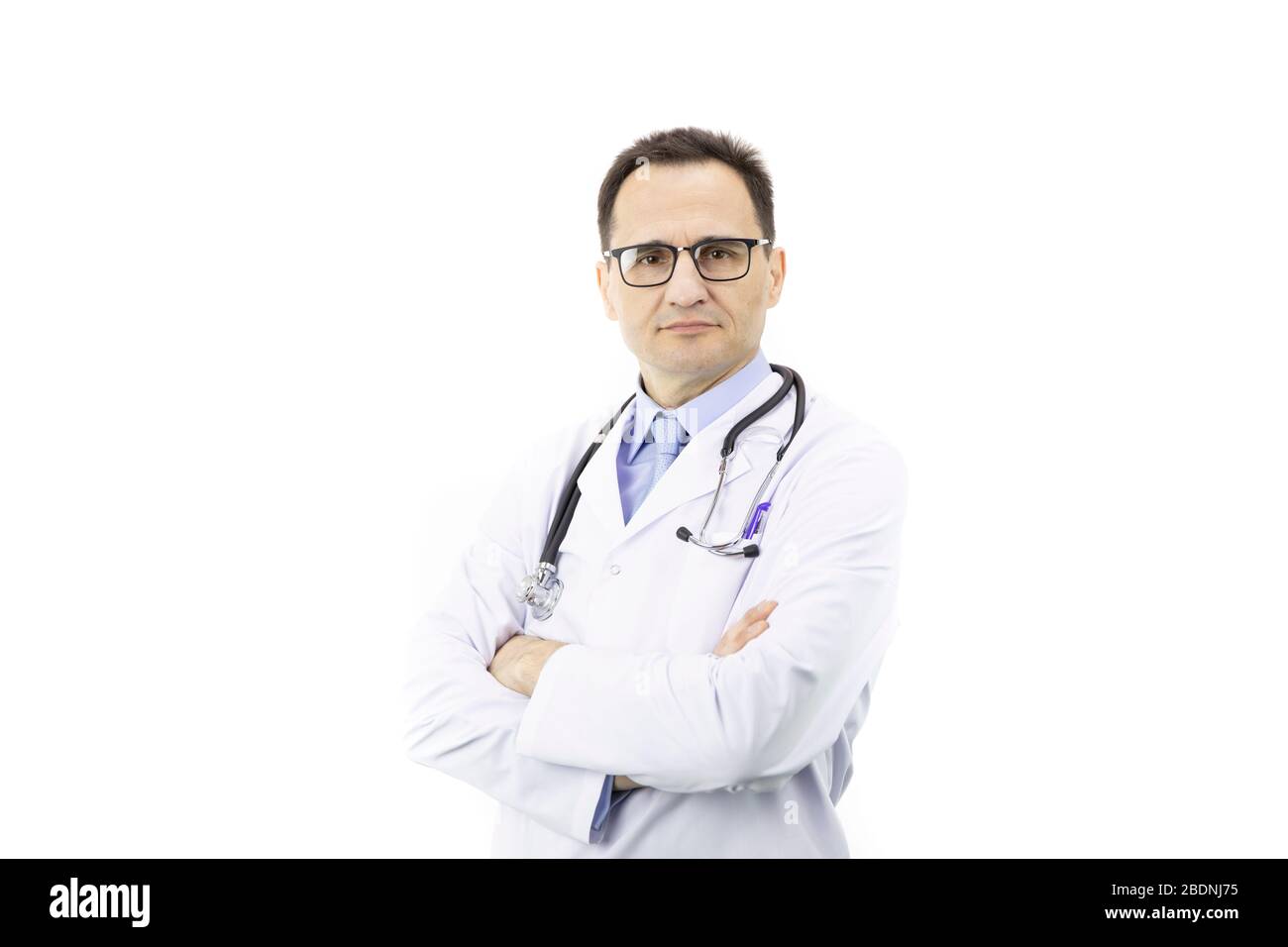 Surgeon glasses white coat stethoscope. Hands folded chest. Serious ...