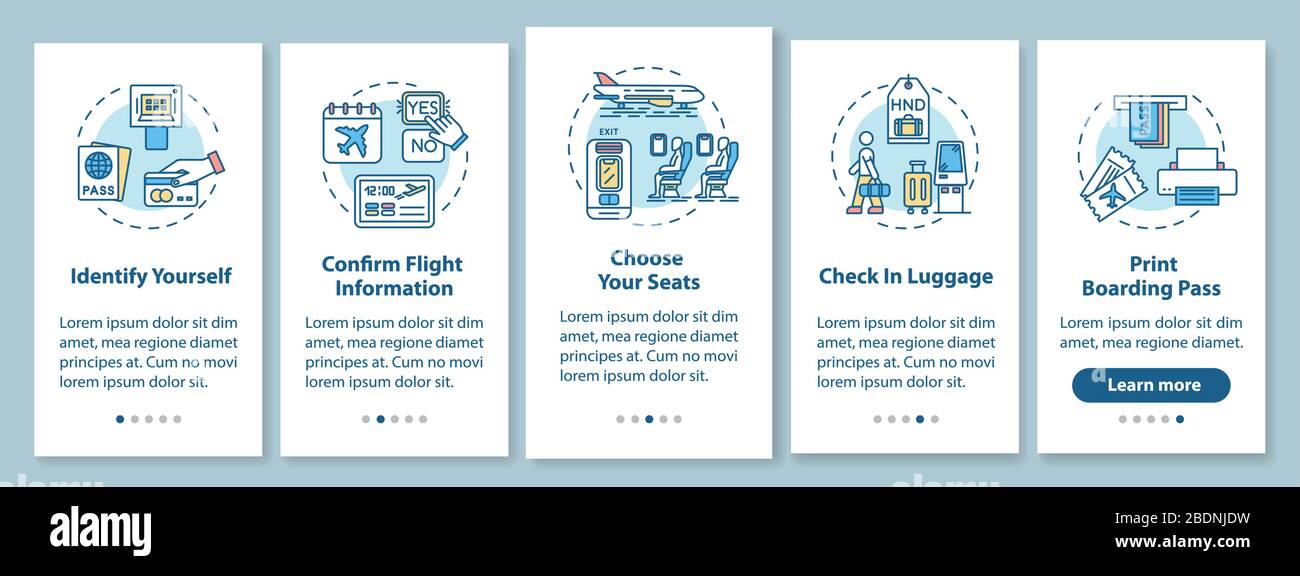 Self check in onboarding mobile app page screen with concepts. Airport ...