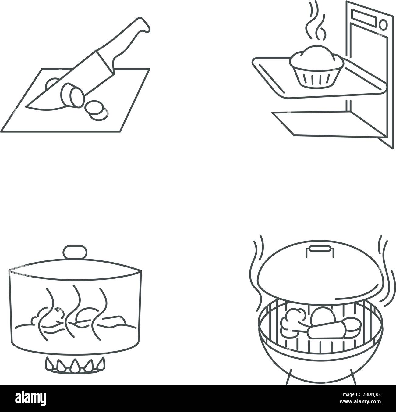 Cooking methods pixel perfect linear icons set. Cutting, baking ...