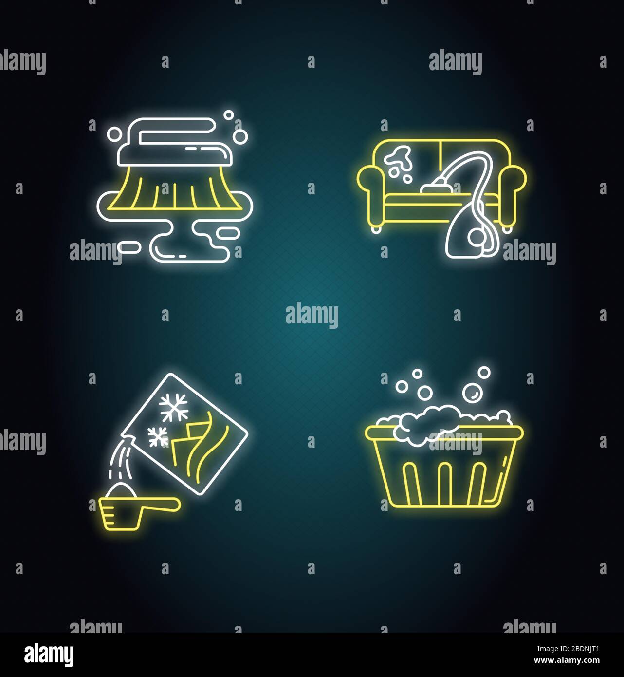 Cleanup service neon light icons set. Wet cleaning and furniture dry ...