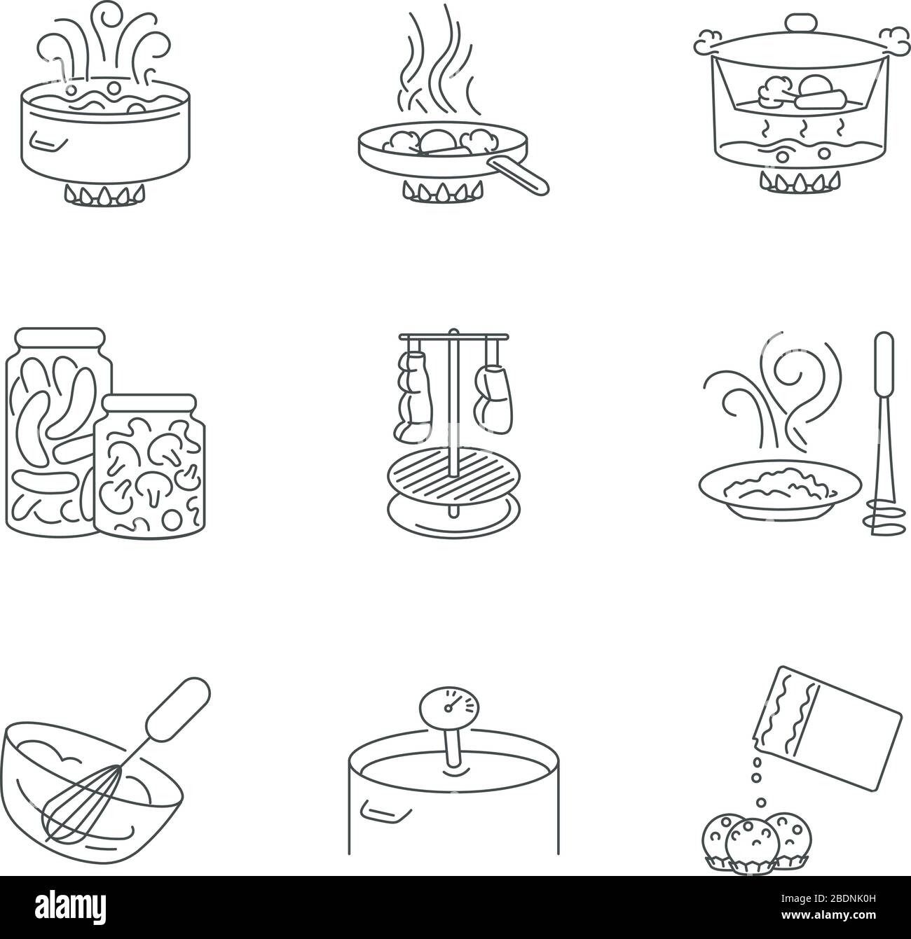Food preparation pixel perfect linear icons set. Different cooking ...