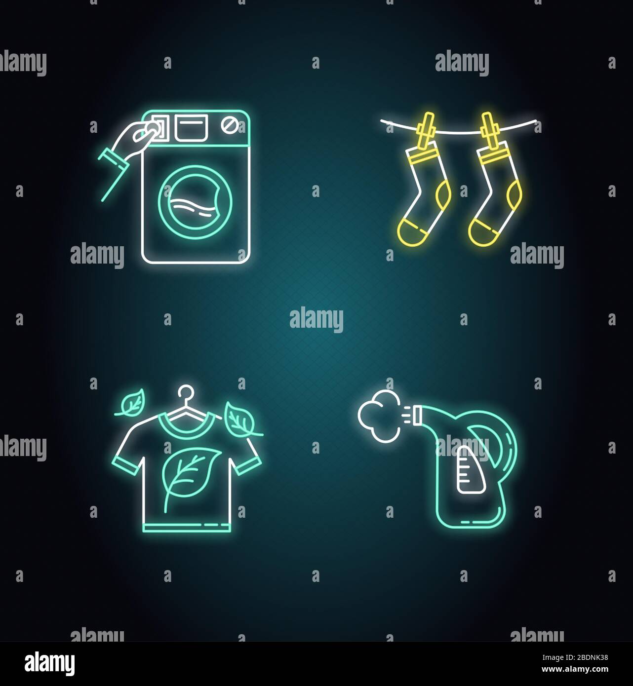 Washing clothes neon light icons set. Washateria, coin laundry, steam ...