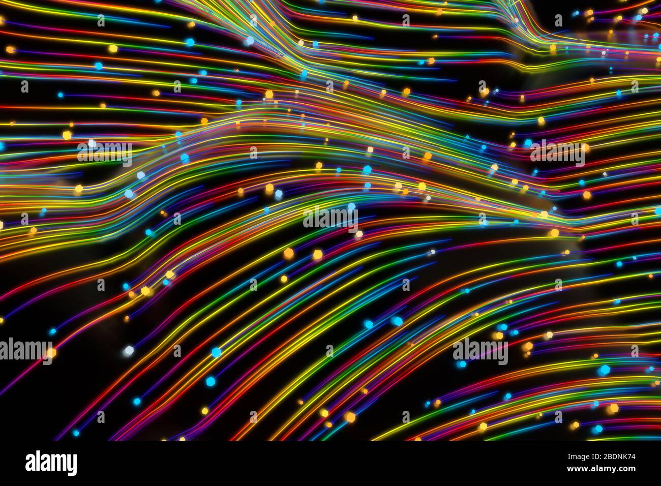 Neon glowing twisted cosmic lines on the glossy surface. Turbulence ...
