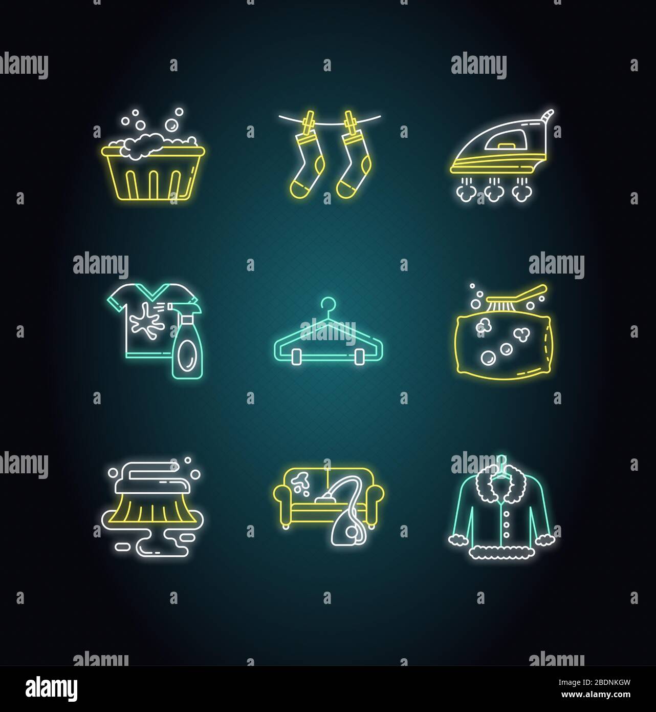Laundry and cleanup service neon light icons set. Handwash, drying ...