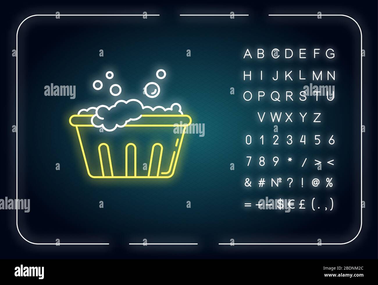 Handwash neon light icon. Soaking laundry, wash basin with foam, hand ...