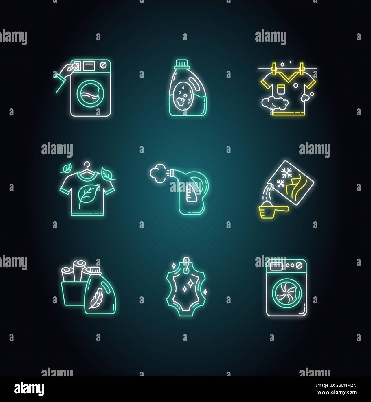 Laundry types neon light icons set. Coin wash service, washing machine ...