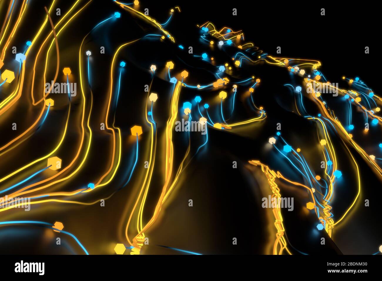 Neon glowing twisted cosmic lines on the glossy surface. Turbulence ...