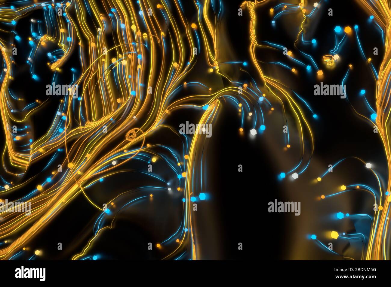 Neon glowing twisted cosmic lines on the glossy surface. Turbulence ...
