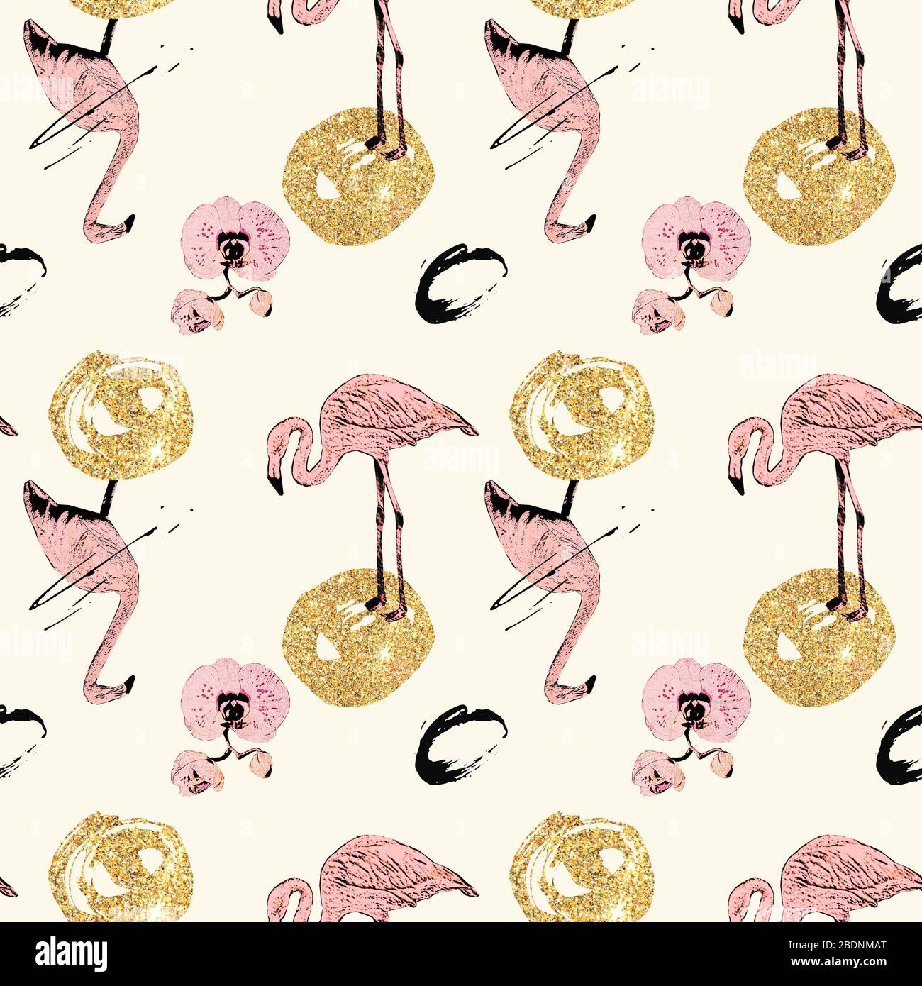 Tropical seamless pattern with flamingo, orchids and golden glitter ...