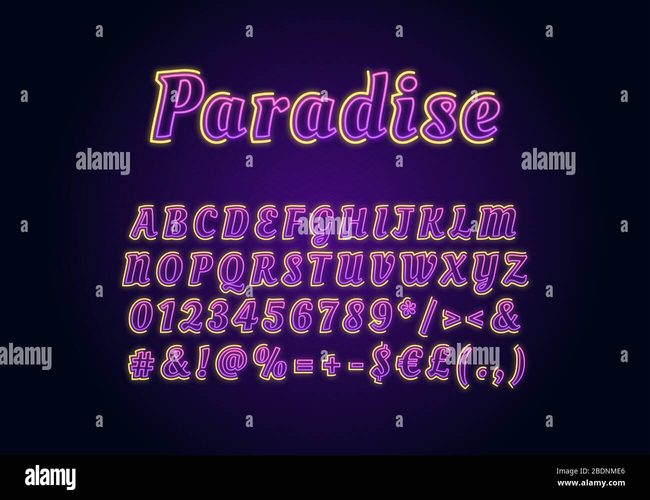Paradise neon light font template. Purple and yellow illuminated vector ...