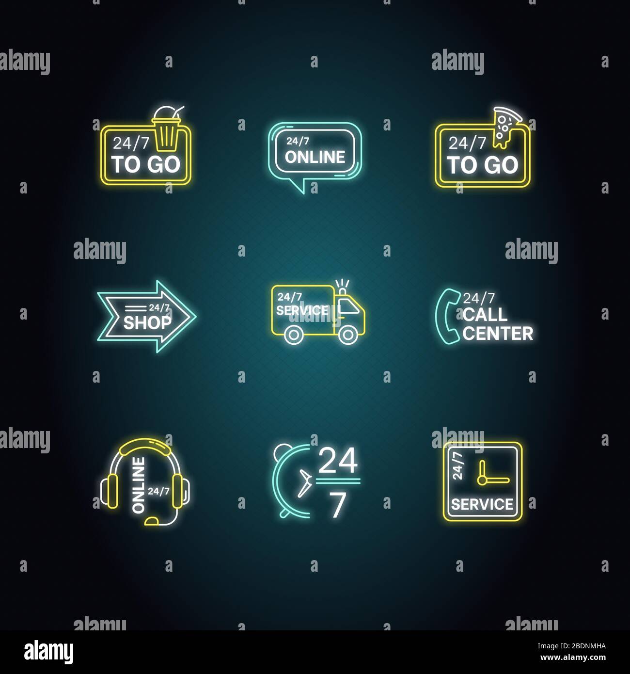 24 7 hour service neon light icons set. Online 24 hrs customer support ...