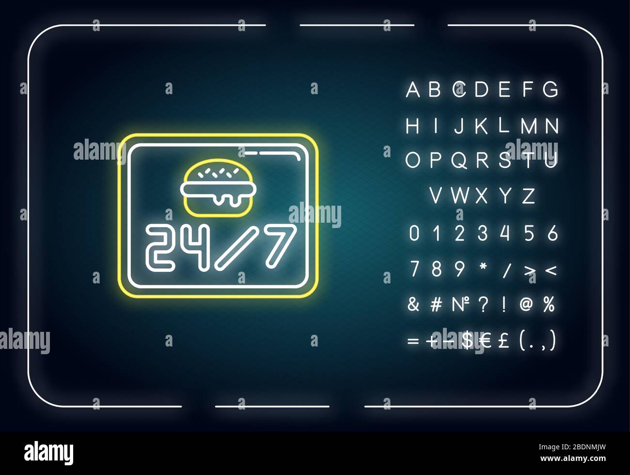 24 7 open burger joint neon light icon. Twenty four seven cantine ...
