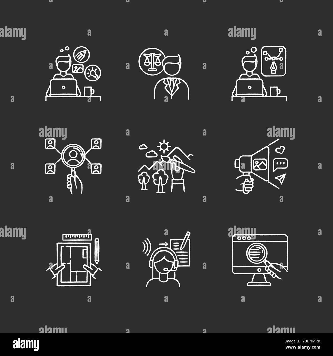 Remote employees chalk white icons set on black background. Design ...
