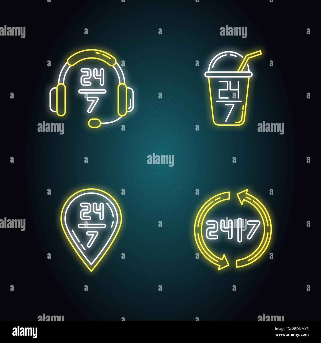 24 7 hour service neon light icons set. Headset sign of customer ...
