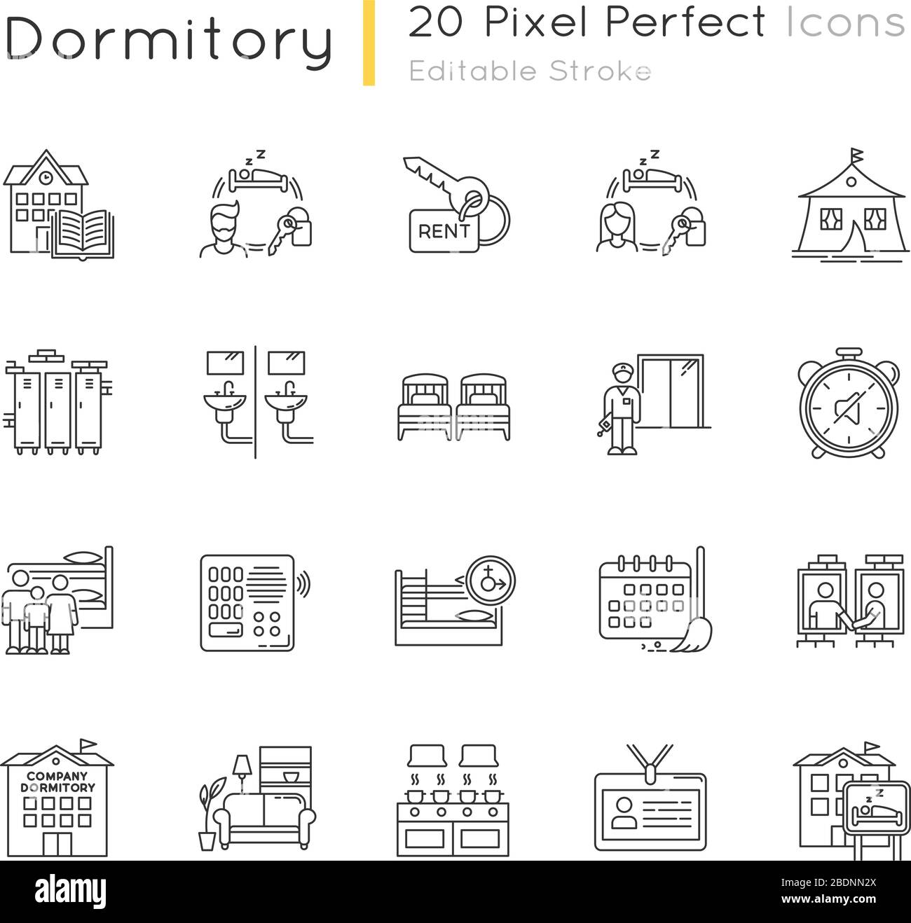 Dormitory pixel perfect linear icons set. Communal space. Living ...
