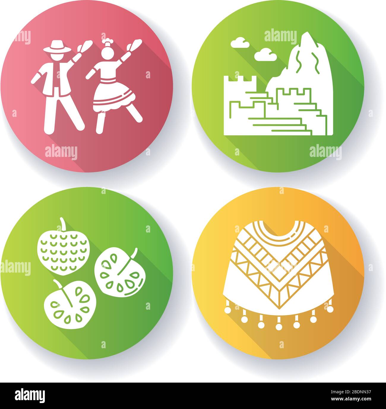 Peru flat design long shadow glyph icons set. Spanish and Native ...