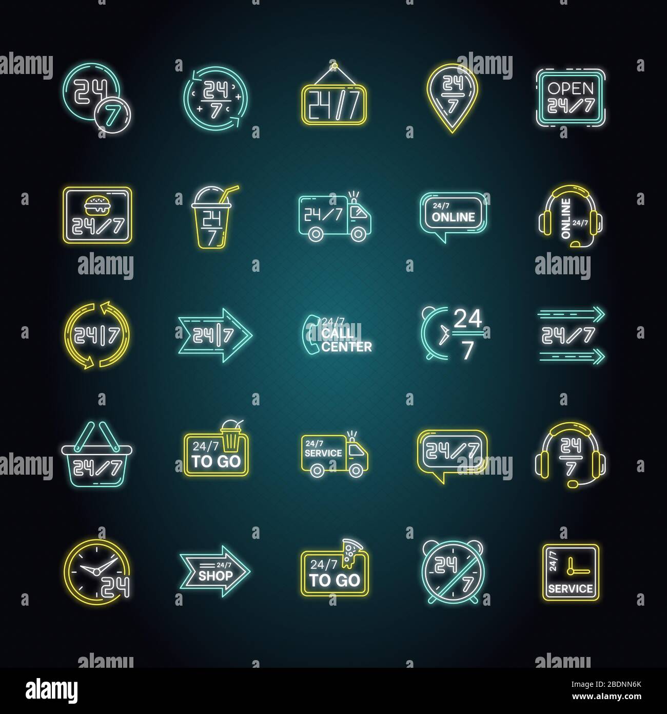 24 7 hour service neon light icons set. Around the clock working hours ...
