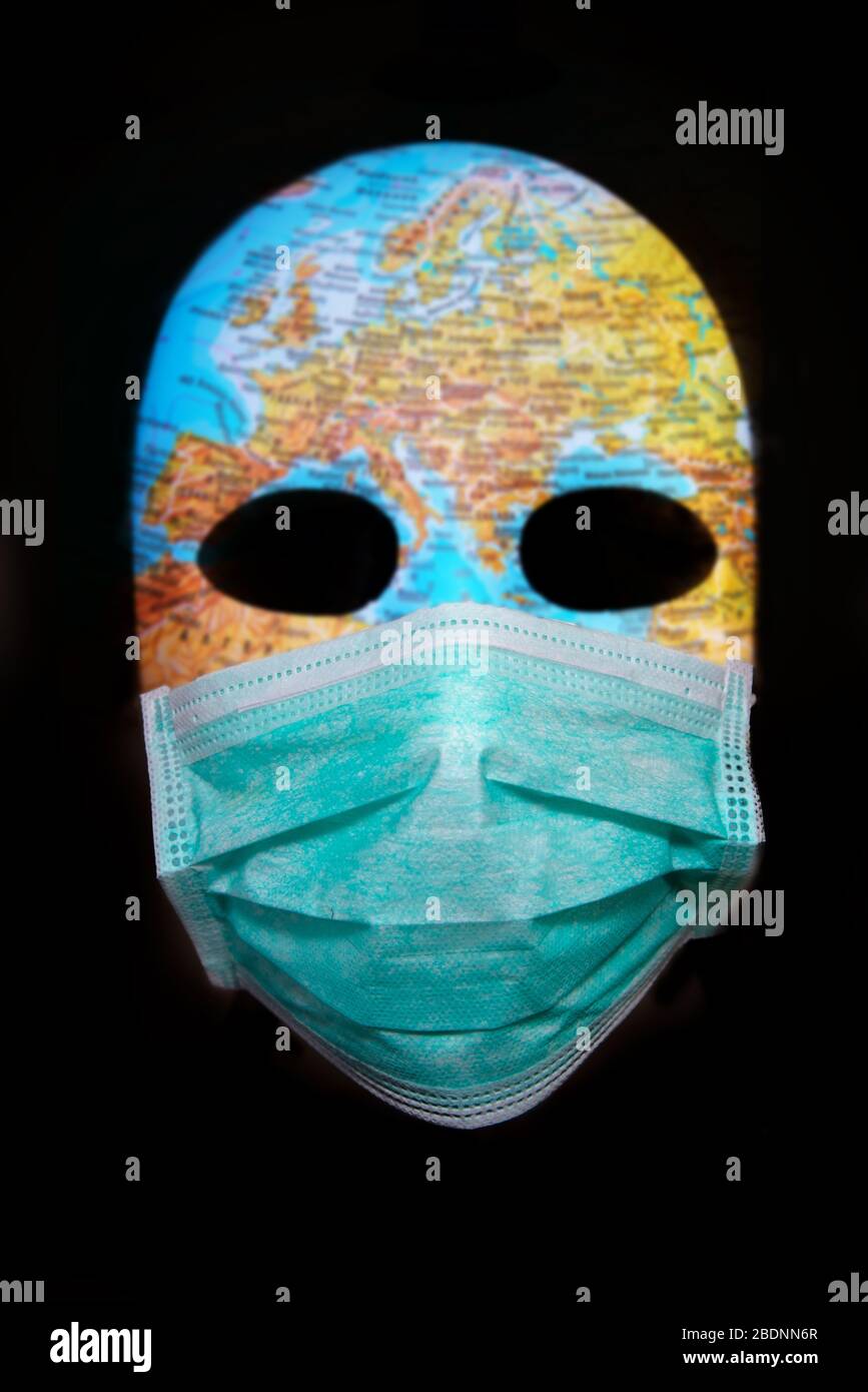 Textured mask with the map of Europe wearing surgical mask. Concept for ...