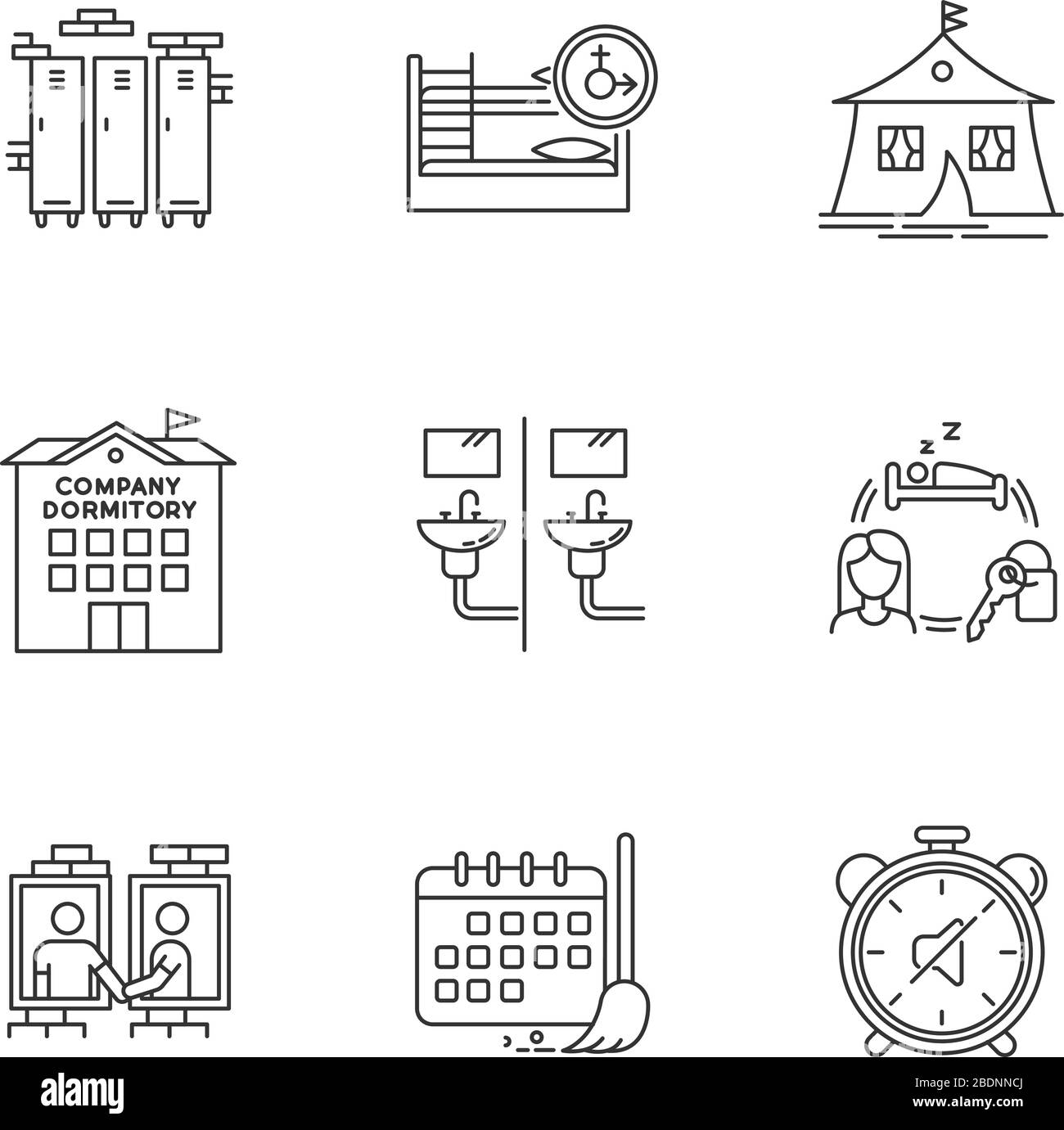 Living in dormitory pixel perfect linear icons set. Cleaning schedule ...
