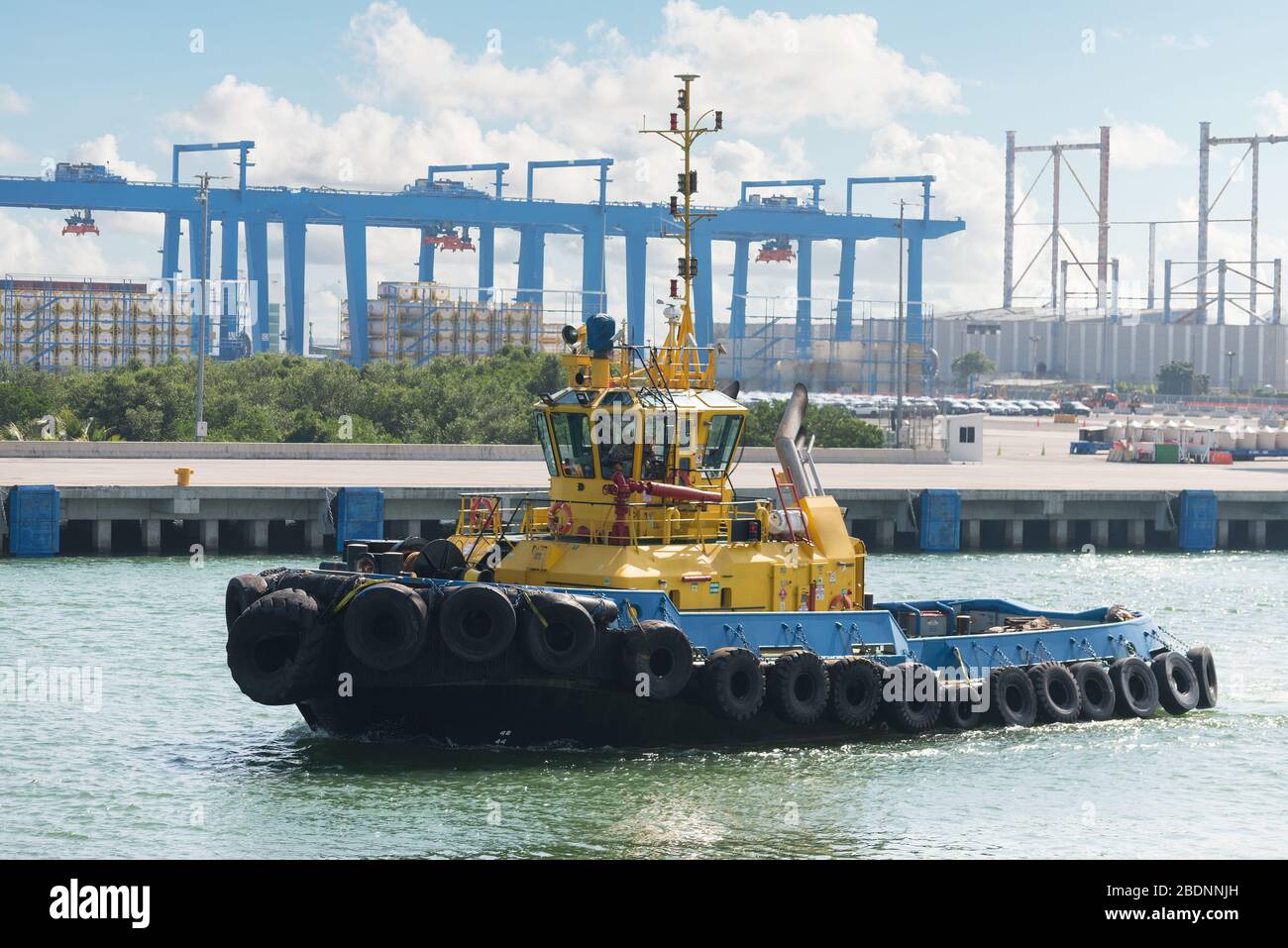 Tug boats awaiting big cargo ship in harbour for tug assistance ...