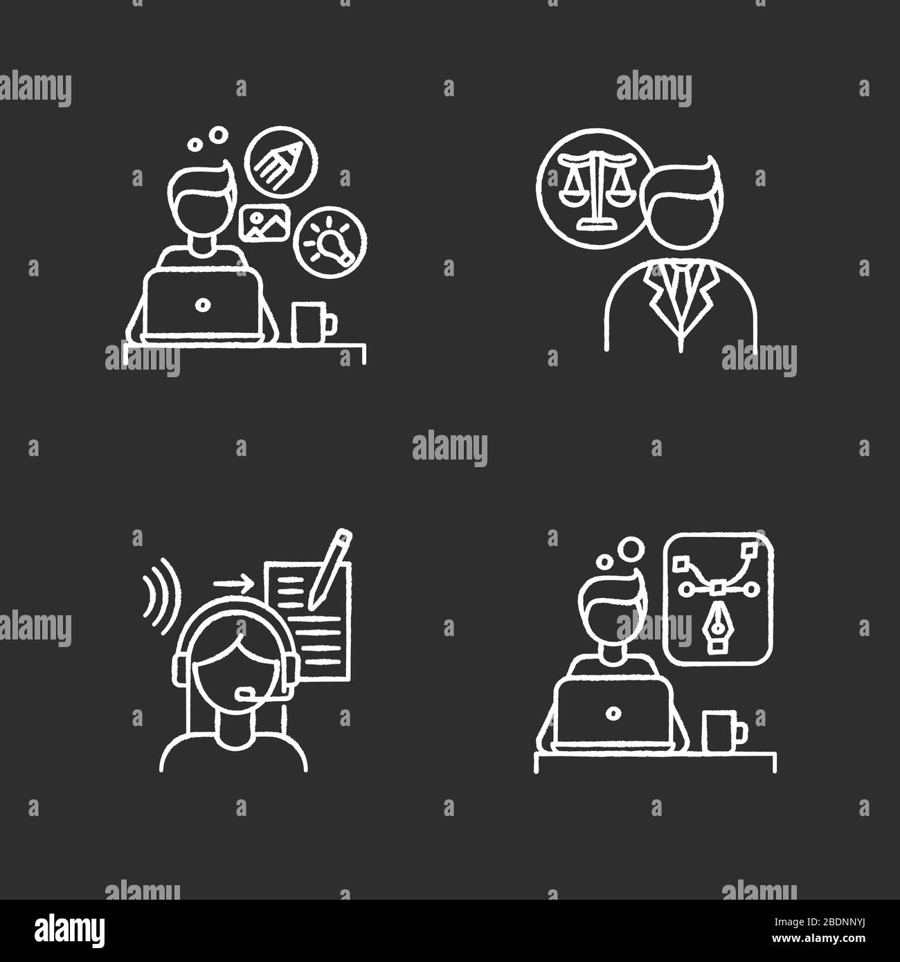 Distant workers chalk white icons set on black background. Creative and ...