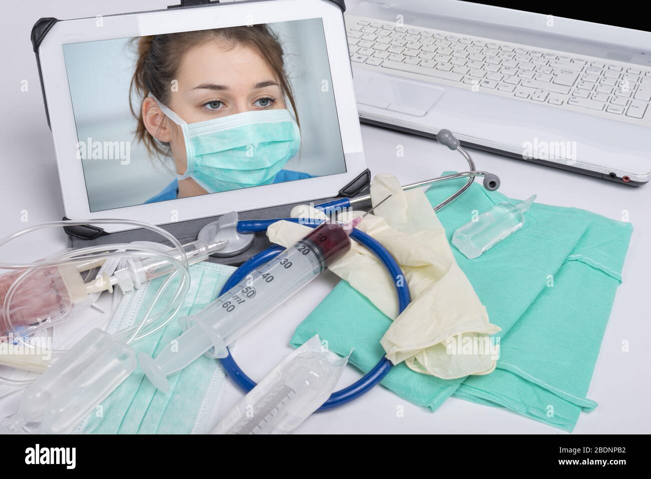 computer tablet and nurse with different medicals instruments Stock ...