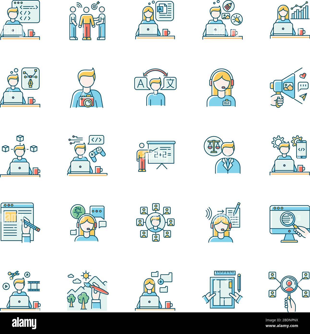 Freelance professions blue RGB color icons set. Web development and ...