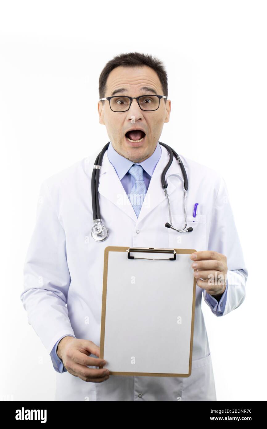 Shocked doctor showing clipboard with blank paper. Medical news, clinic ...