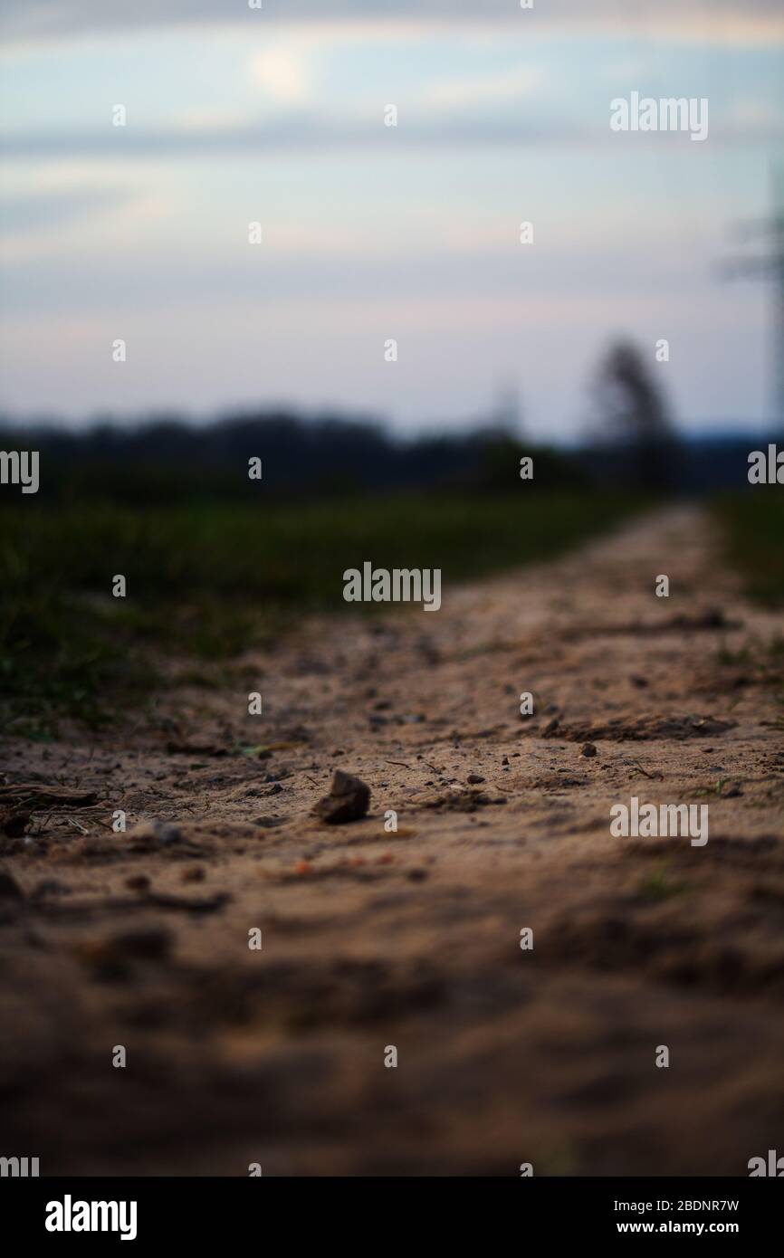 sand and pebbles on a field path with view into the evening horizon ...