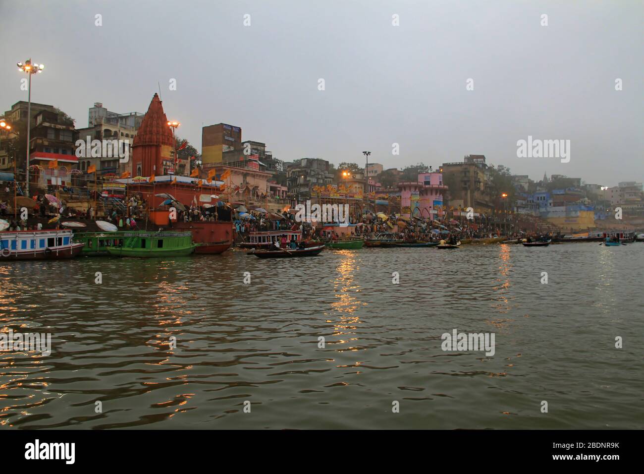 The ghats of Varanasi along the western shore of the sacred Ganges ...