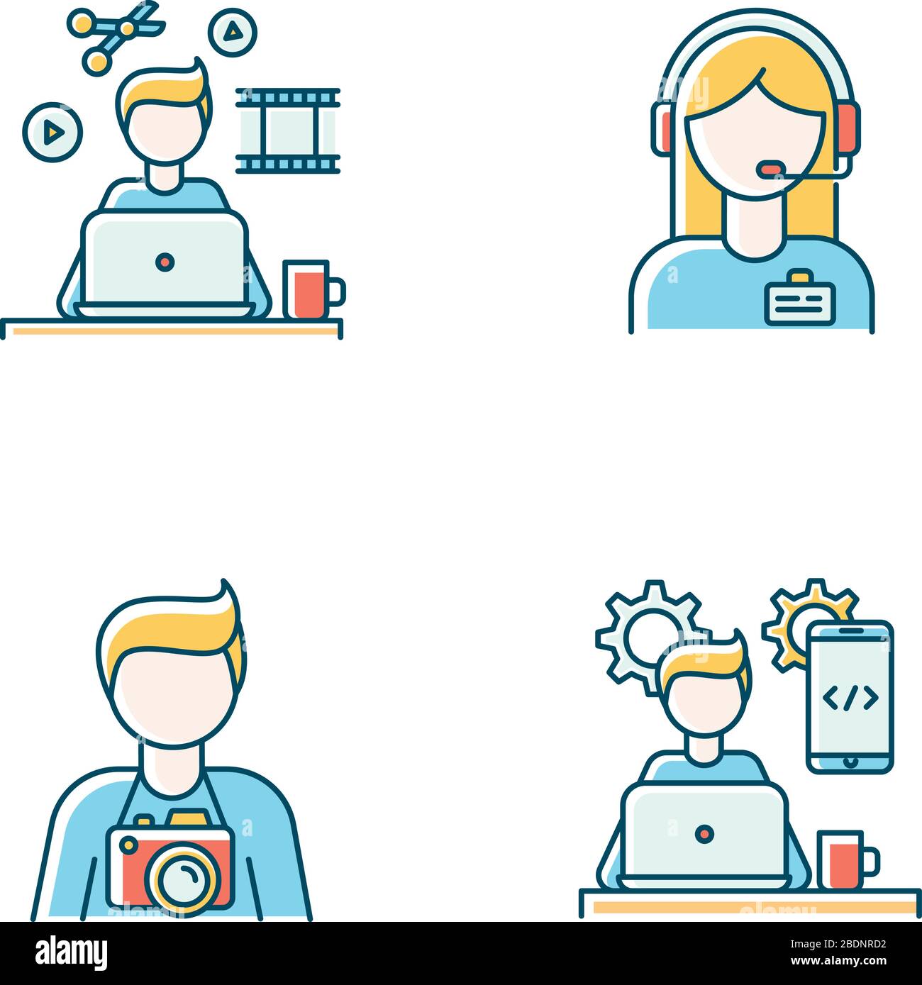 Remote workers RGB color icons set. Video editor and photographer ...